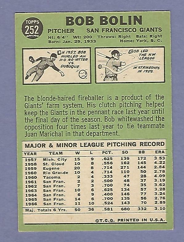 1967 Topps - #252 Bobby Bolin - San Francisco Giants - ExMt+ | eBay