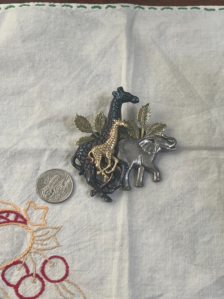 Vintage Mixed Metal Giraffes & Elephant Brooch Pin 2"" Tall and 2 1/2 ...