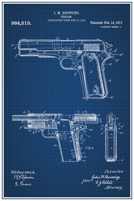 Colt 1911 Handgun Official Patent Blueprint Poster 12x18 for sale ...