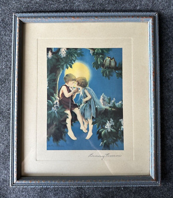 Antique “Budding Romance” by Bertram Basabe Children Moonlight Kiss ...