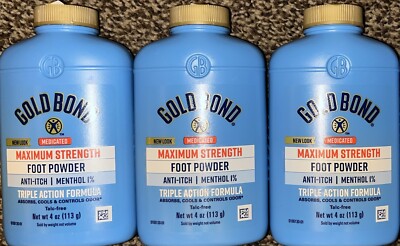 *3 PACK* Gold Bond Medicated MAXIMUM STRENGTH Foot Powder TALC-FREE 4oz ...