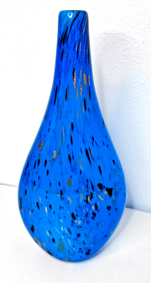 Gradient Blue Vase Gold Fleck Tear Drop Shape Glass 15.5" Murano Italy ...