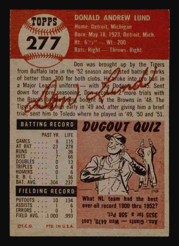 1953 Topps #277 Don Lund - NM | eBay