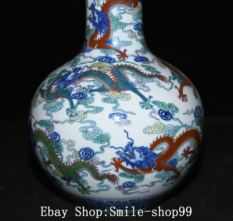 13.7" Qianlong Blue White Wucai Porcelain Dragon Beast Animal Bottle ...