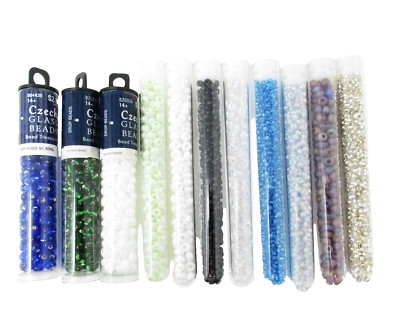 Czech Glass Beads 11 Tubes mixed size blue green silver white black Lot ...