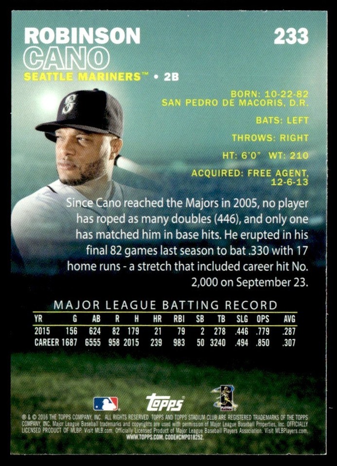 2016 Stadium Club Robinson Cano Seattle Mariners #233 | eBay