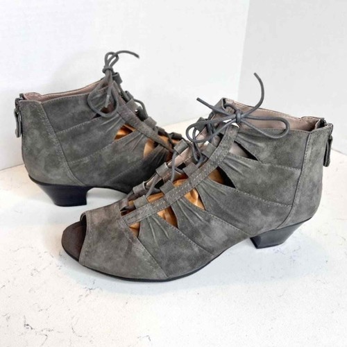 Earth Dark Slate Suede Leather Lace-Up/Back Zip Booties "Aurora", Size ...