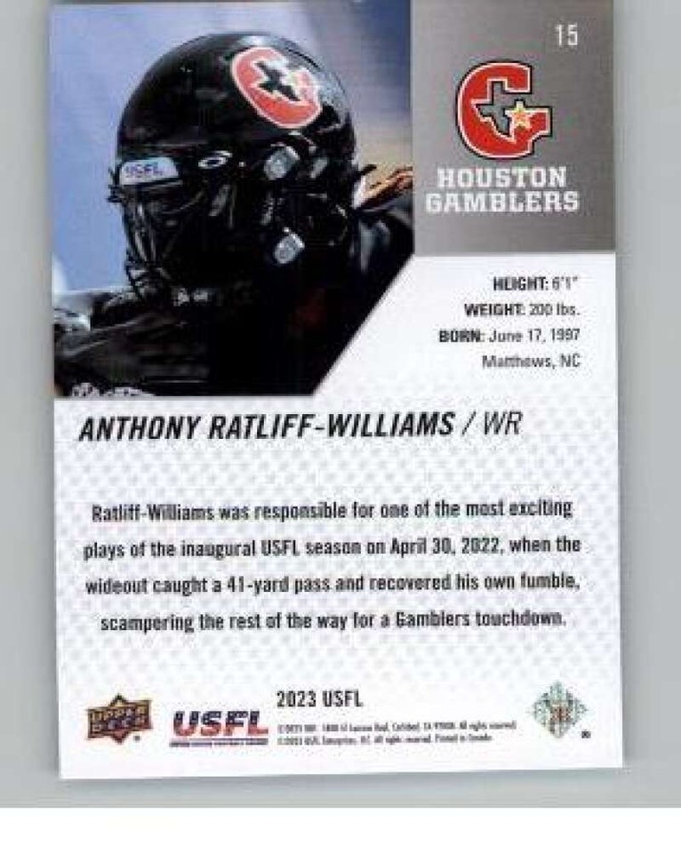 Anthony Ratliff-Williams RC 2023 Upper Deck USFL #15 ROOKIE Football ID ...