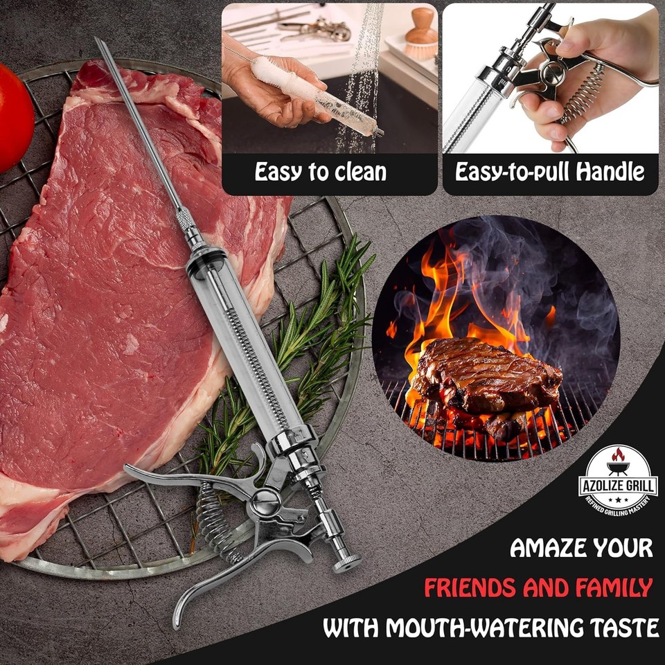 Meat Injector Gun Kit for Smoking & Grilling - Stainless Steel BBQ Meat ...