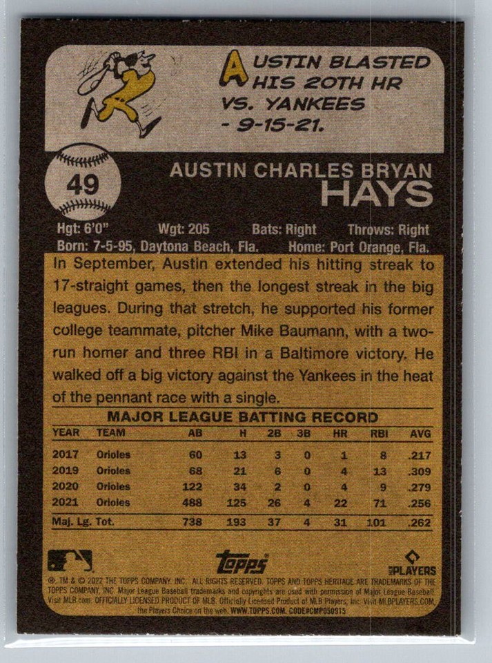 2022 Topps Heritage #49 Austin Hays Baltimore Orioles Baseball Card | eBay