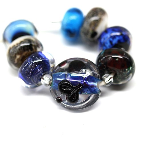 8pc Blue black handmade artisan lampwork glass round beads set mix SRA ...