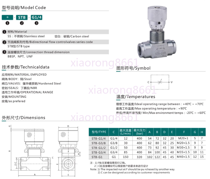 Flow Control bidirectional hydraulic restrictor valve STB-G1/4 STB-G3/8 ...