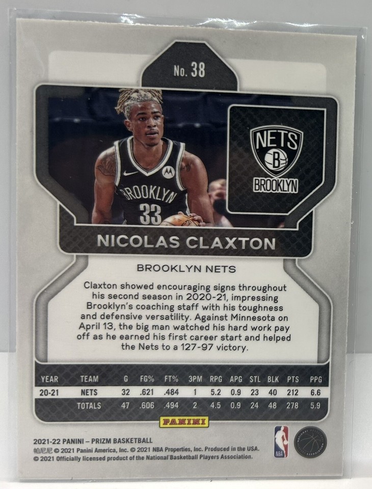 Nicolas Claxton Signed 2020-21 Panini Prizm #38 Autograph Card In ...