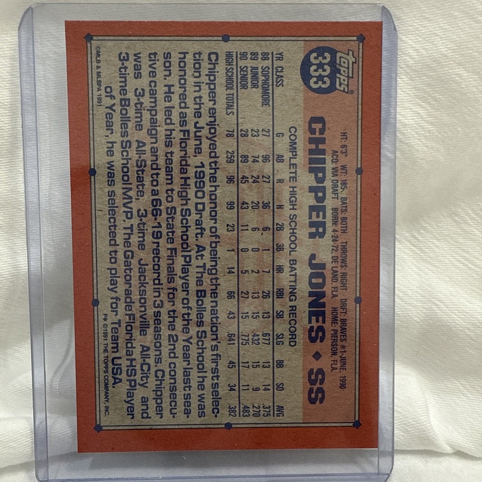 1991 Topps CHIPPER JONES Rookie Card #1 Draft Pick! Excellent condition ...