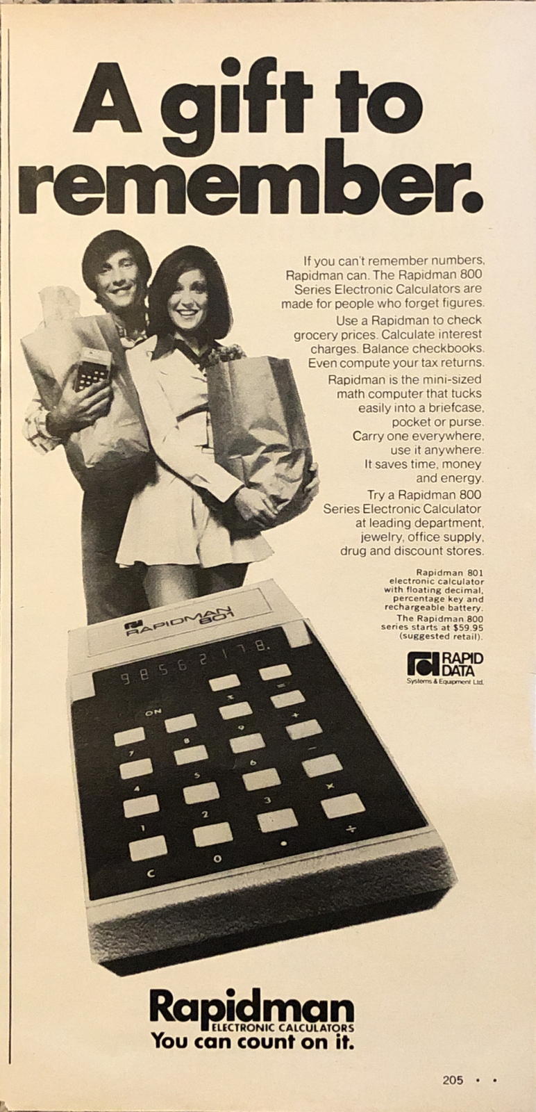 1973 Rapidman 801 Electronic Calculator PRINT AD Gift To Remember VTG ...