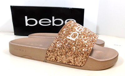 Bebe Women's Fraida Logo Slide Sandals Women's sz 6 M Rose Gold Glitter ...