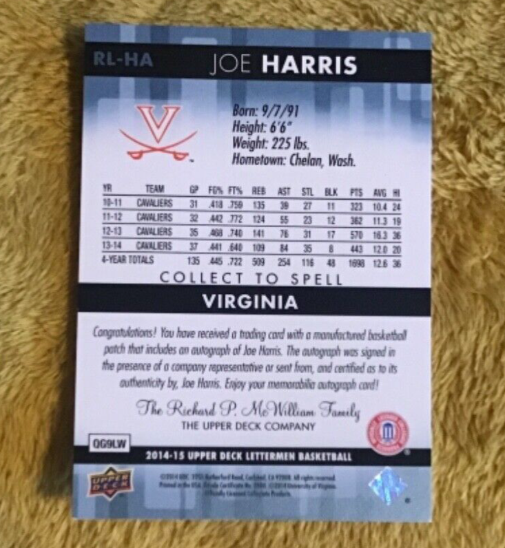 Upperdeck 2014-15 letterman basketball Joe Harris Virginia 49/50 | eBay