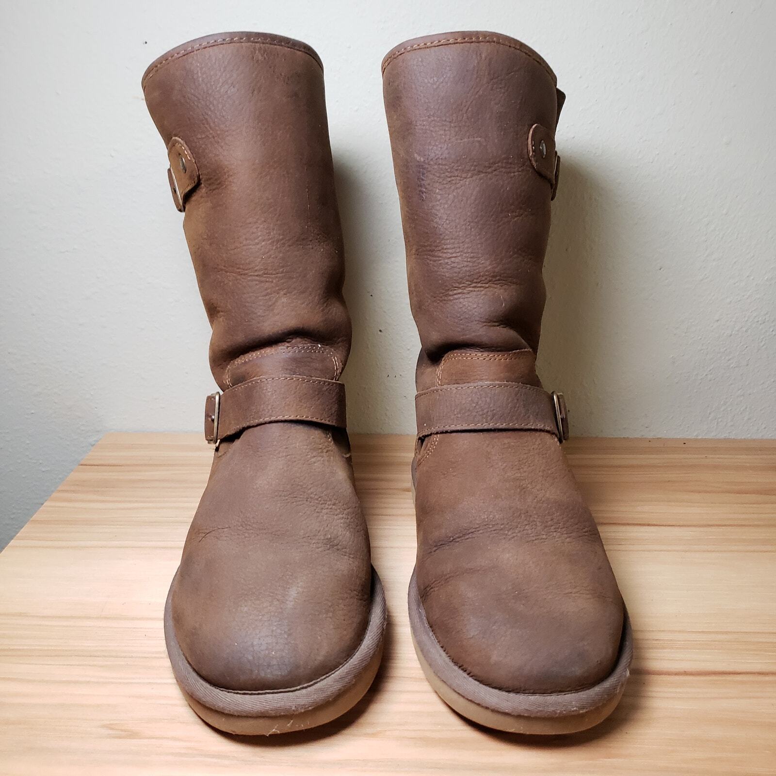 UGG Women's 7 Kensington Double Buckle Moto Boot Brown Leather Sherpa ...