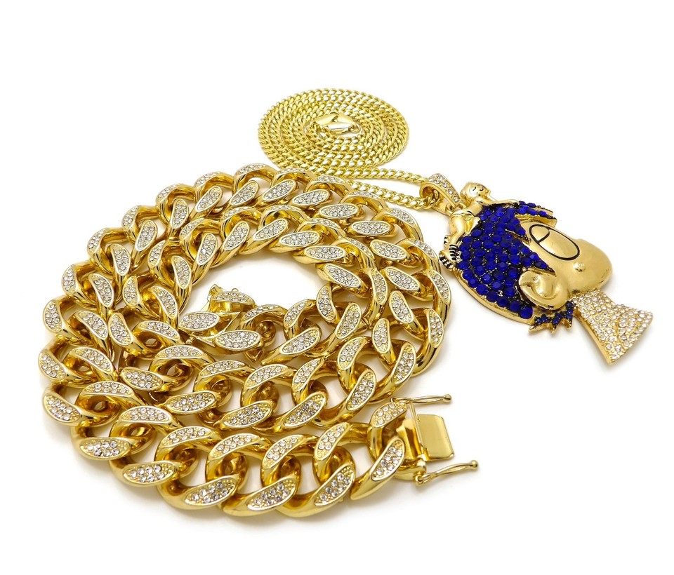Hip Hop Iced Uzi Character Pendant & 18" Full Iced Cuban Choker Chain ...