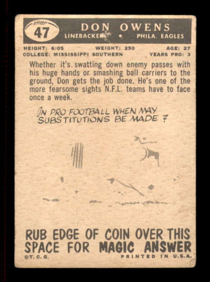 1959 Topps #47 Don Owens G RC Rookie Eagles UER 550426 | eBay