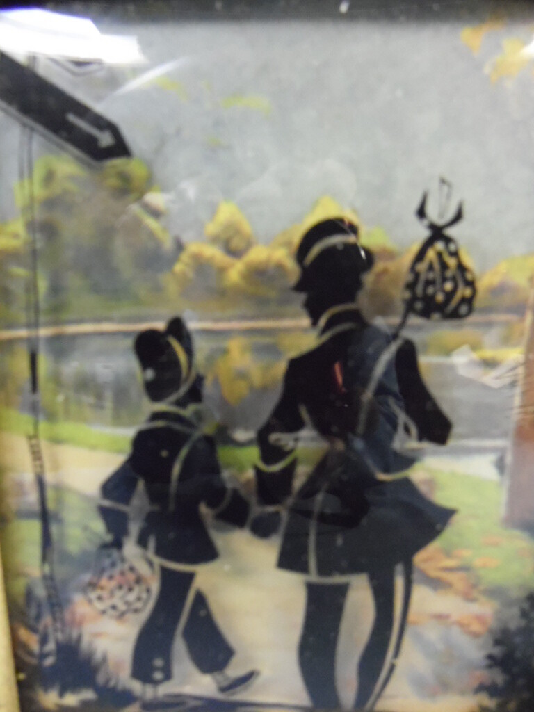 2 VINTAGE (PAIR) REVERSE PAINTING CONVEX GLASS SILHOUETTES HOBO TRAMP ...