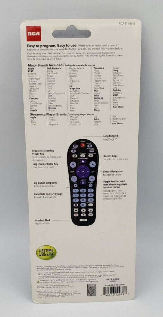 RCA Platinum Pro Universal Remote Model RCR414BHE and Rcr413bhe for ...