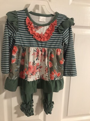 Boutique Girls 2 Piece Ruffle Outfit Set Long Sleeve Dress& Pants Size ...