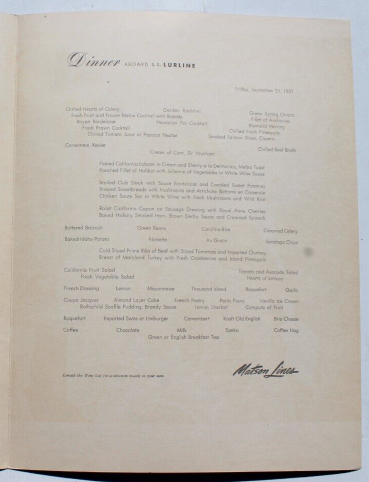 Vtg Hawaiian Matson Dinner Menu SS Lurline Cruise Ship Hawaiis Decisive ...