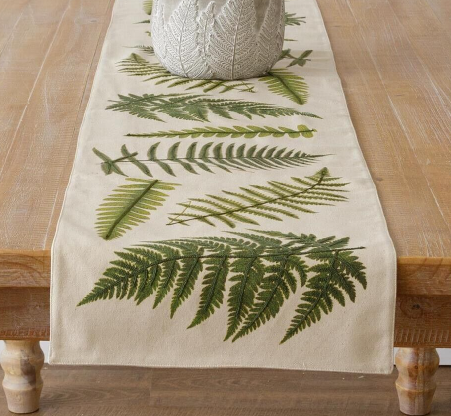 NEW FARMHOUSE EMBROIDERED FERN TABLE RUNNER GREEN BEIGE 13"x72" Kitchen ...