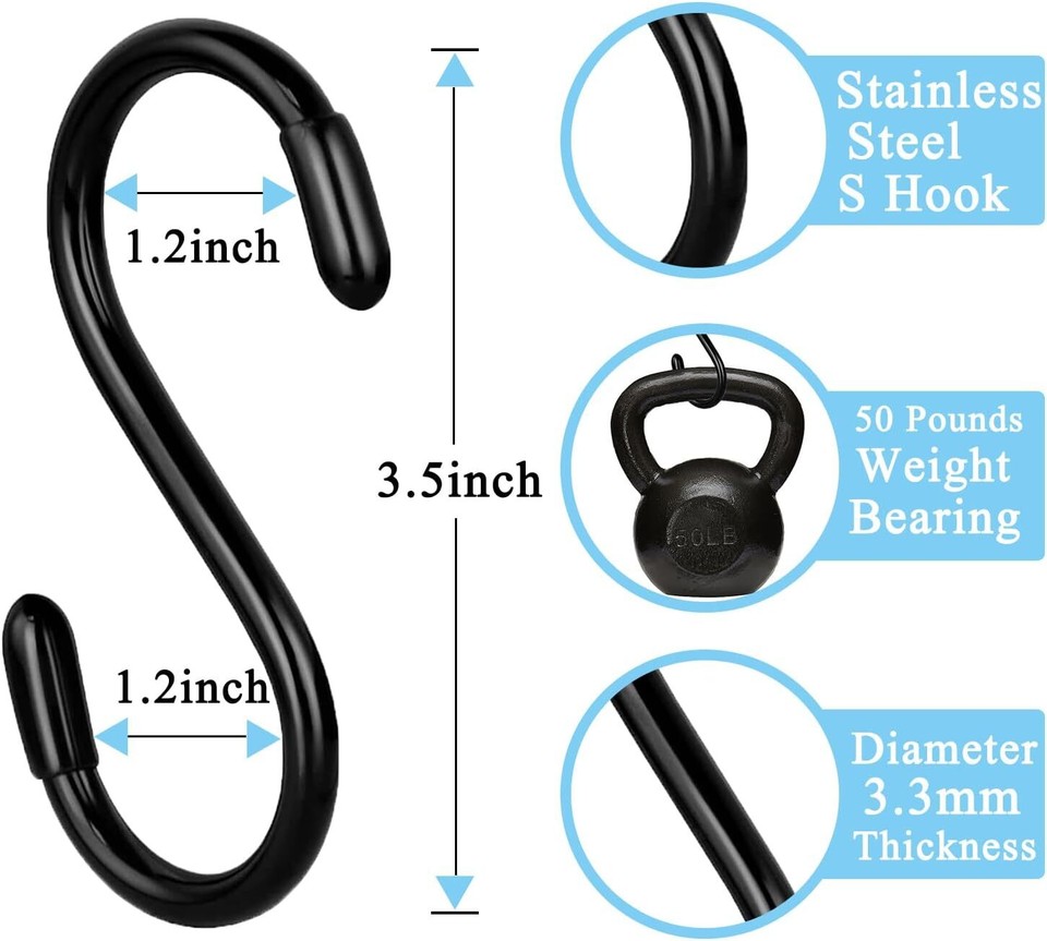 12 Pack S Hooks for Hanging, 3.5 Inch Heavy Duty Metal S Hooks Non Slip Black... | eBay