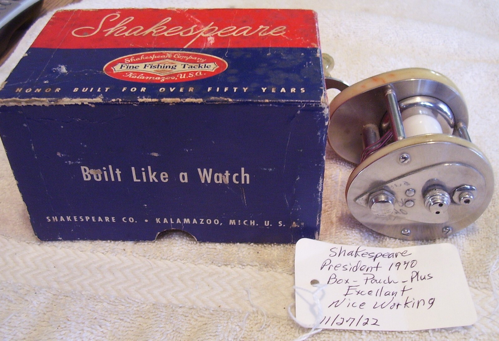 SHAKESPEARE PRESIDENT 1970 GD REEL 11/27/22P BOX POUCH WORKING SEE TAG ...