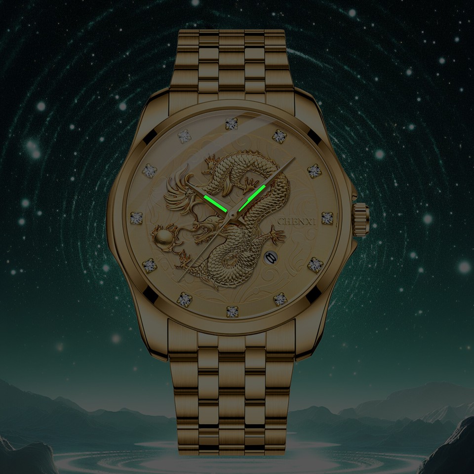 Men Luxury Chinese Dragon Carved Dial Diamond Quartz Watch Waterproof ...