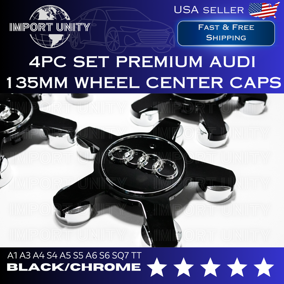 AUDI BLACK & CHROME 135MM SPYDER WHEEL CENTER CAPS PREMIUM 4PC SET ...