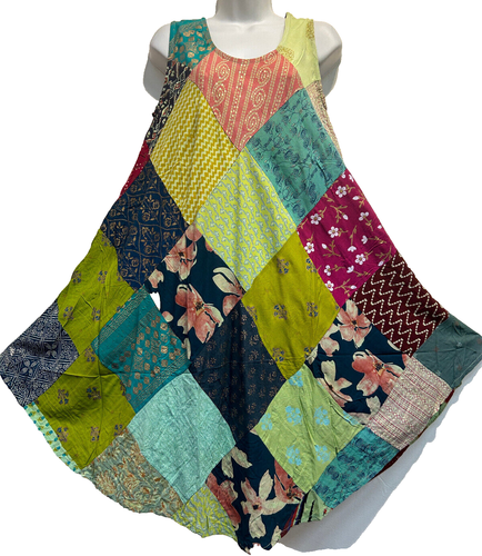 Nwt FUNKY STUFF boho patch gypsy pockets rayon umbrella tank DRESS ...