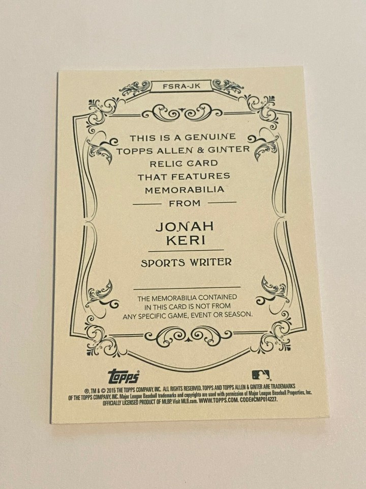 Jonah Keri 2015 Topps Allen & Ginter Sports Writer Relic Card | eBay