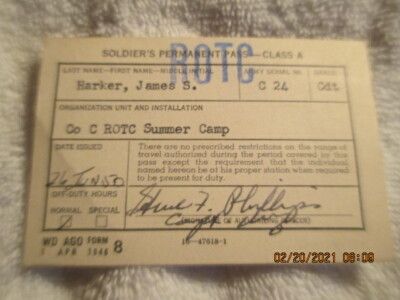 Vintage ROTC Military summer camp Soldier permanent pass card 1946 ...