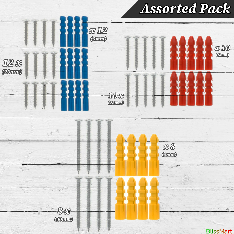 Wall Plugs. Assorted Raw Rawl Plugs with Screws. 60pc Rawlplugs and ...