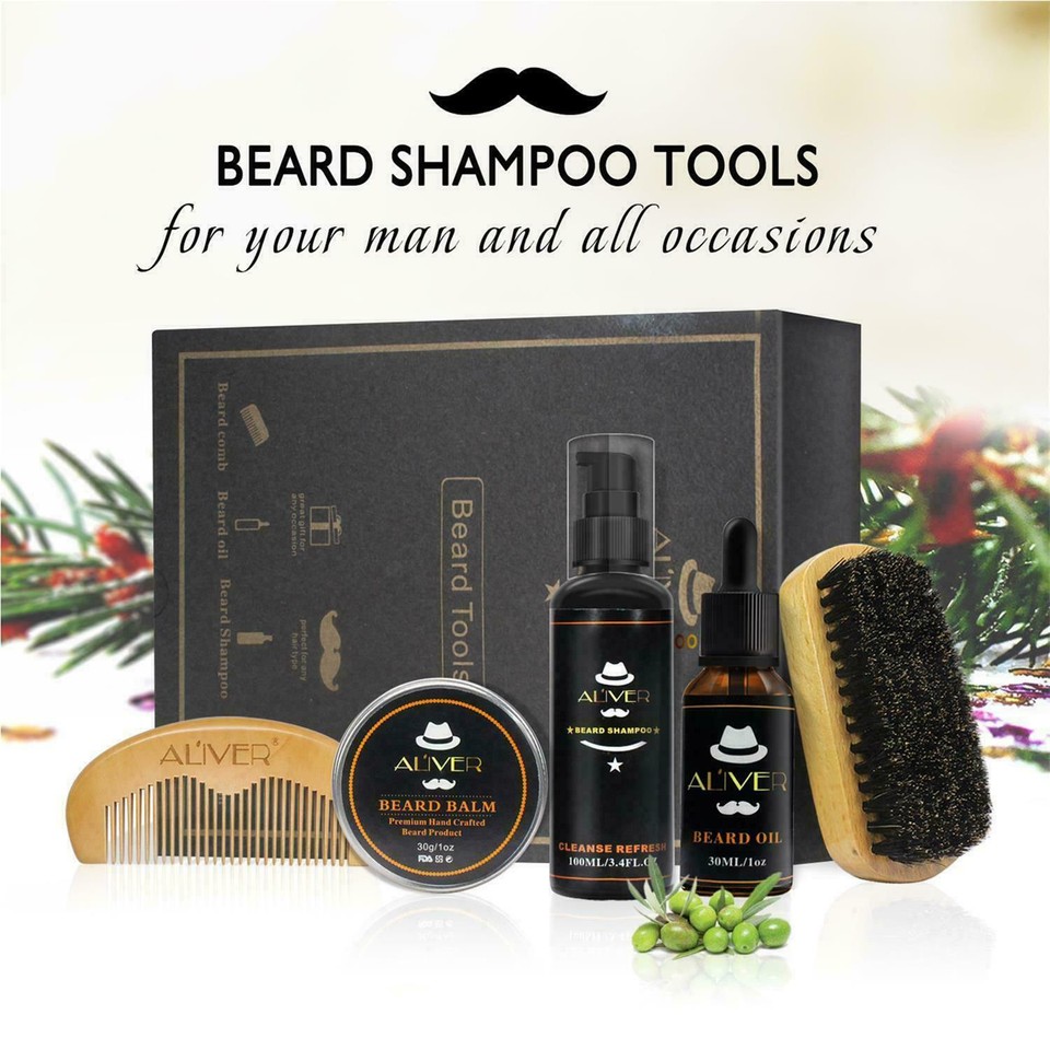 Men's Gent's Beard Grooming Kit Gift Set Shampoo Oil Balm Wooden Brush ...
