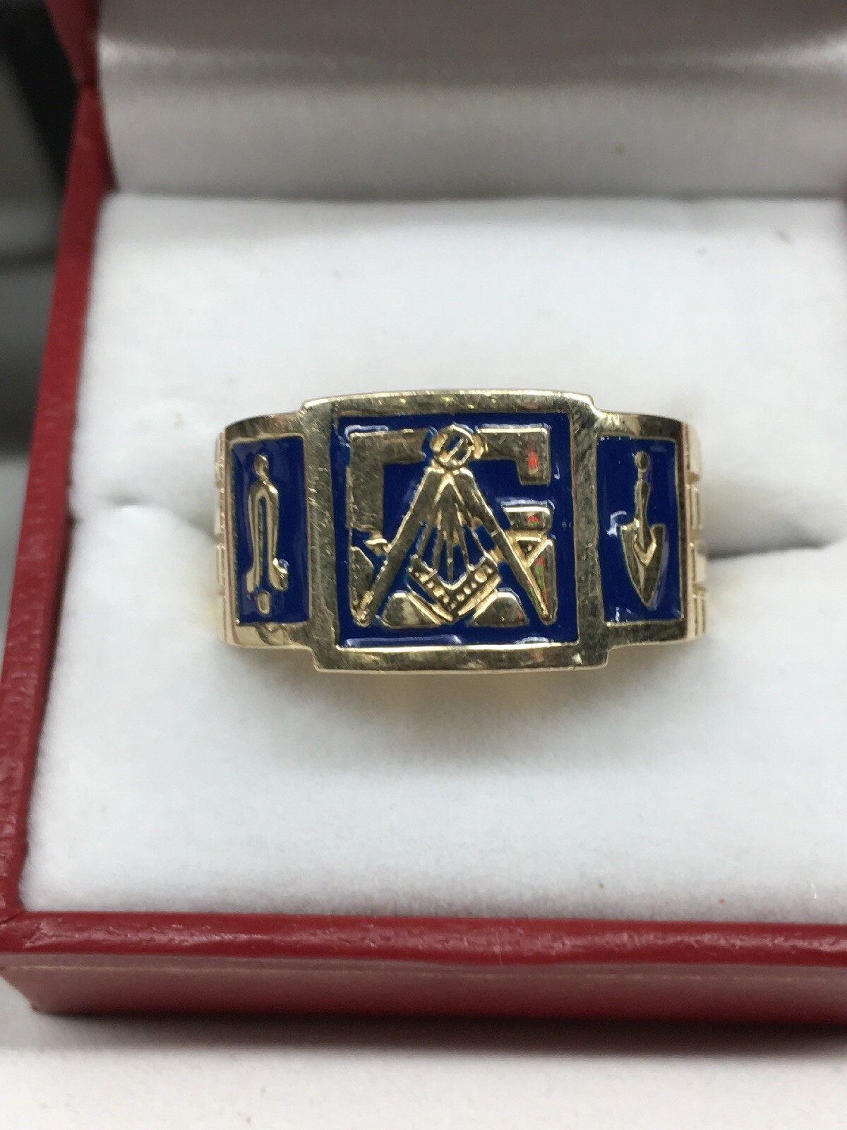 14k Yellow Gold Masonic Solid Back Ring - Blue Enamel… - Gem