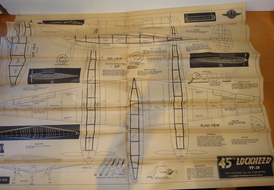 1940s Joe Ott Lockheed YP-38 45" Wing Span True Scale Flyng Model ...