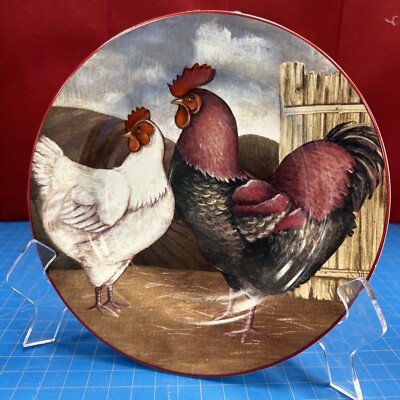 Vtg NOBLE EXCELLENCE Stoneware Chicken Scratch Plate HEN & ROOSTER 8.25 ...