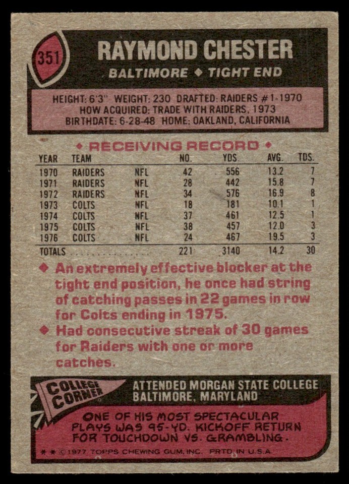 1977 Topps #351 Raymond Chester Baltimore Colts | eBay