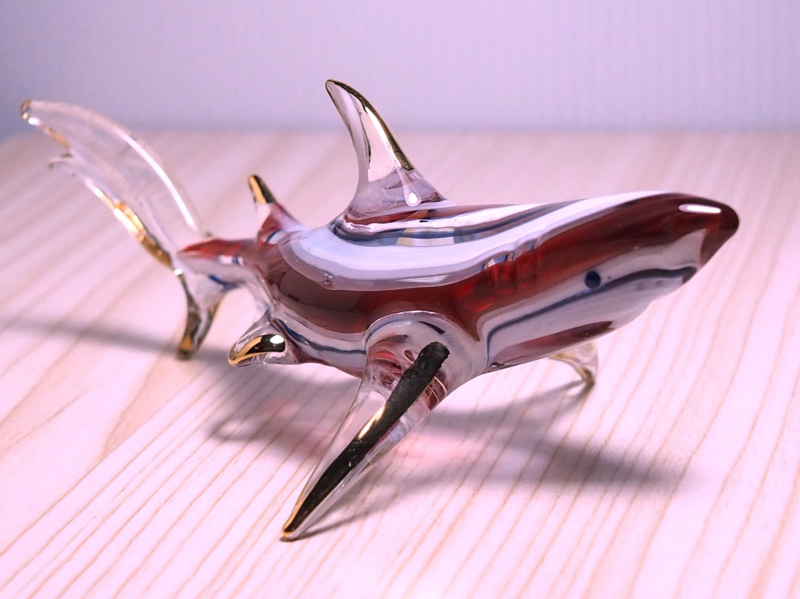 Maroon Blue Shark figurine handmade blown glass art gold trim 4.25 ...