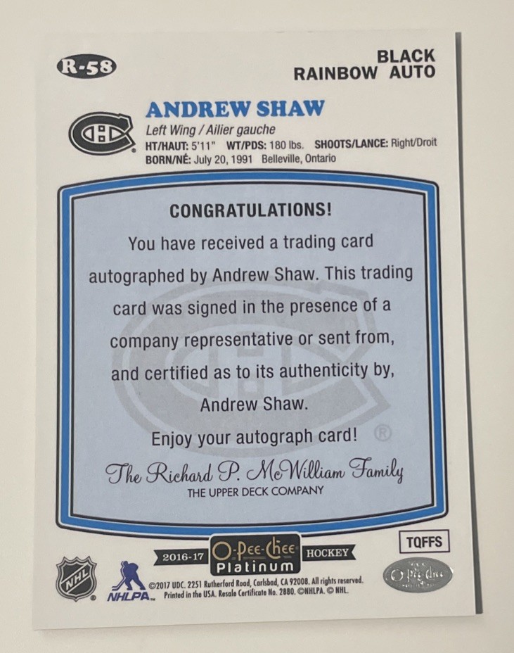 2016-17 O-Pee-Chee Platinum Retro Black Rainbow Auto Andrew Shaw #R-58 ...