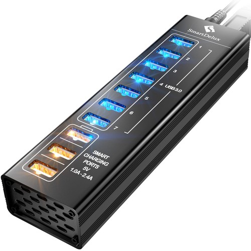 Powered USB Hub - USB 3.0 Ports Hub with 3 Smart Charging Ports, Power ...