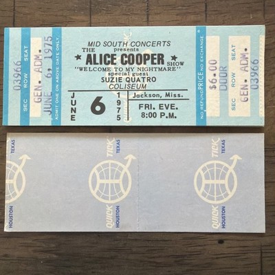 ALICE COOPER / SUZI QUATRO 1975 UNUSED CONCERT TICKET Jackson, MS June ...