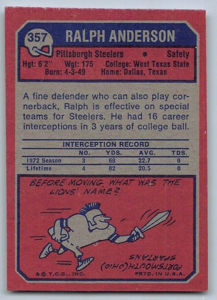 1973 RALPH ANDERSON - Topps "ROOKIE" Football Card - # 357 -PITTSBURGH ...