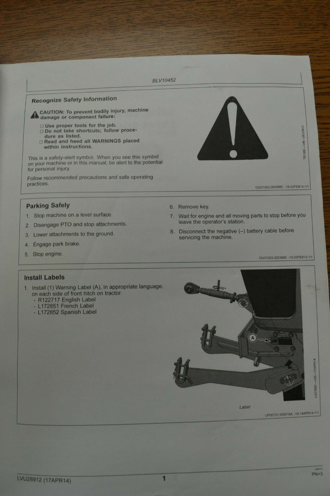 JOHN DEERE INSTALLATION INSTRUCTIONS FOR PTO LABEL KIT FOR FRONT HITCH ...