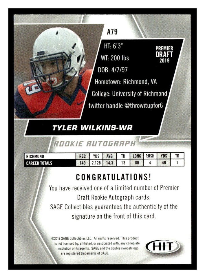 Tyler Wilkins 2019 SAGE HIT A79 AU, SN100 Autographs Gold Auto | eBay