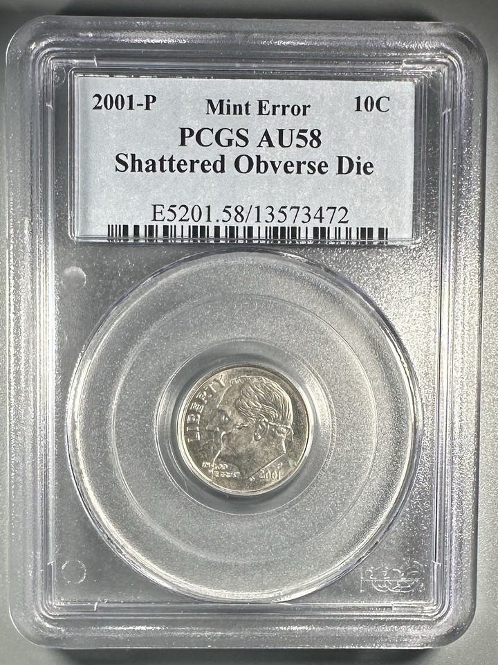 2001-P Roosevelt Dime PCGS AU58 MAJOR Mint Error Dramatic Shattered Die ...
